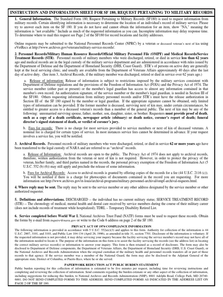 Instruction And Information Sheet For Sf 180, Request Pertaining To ...