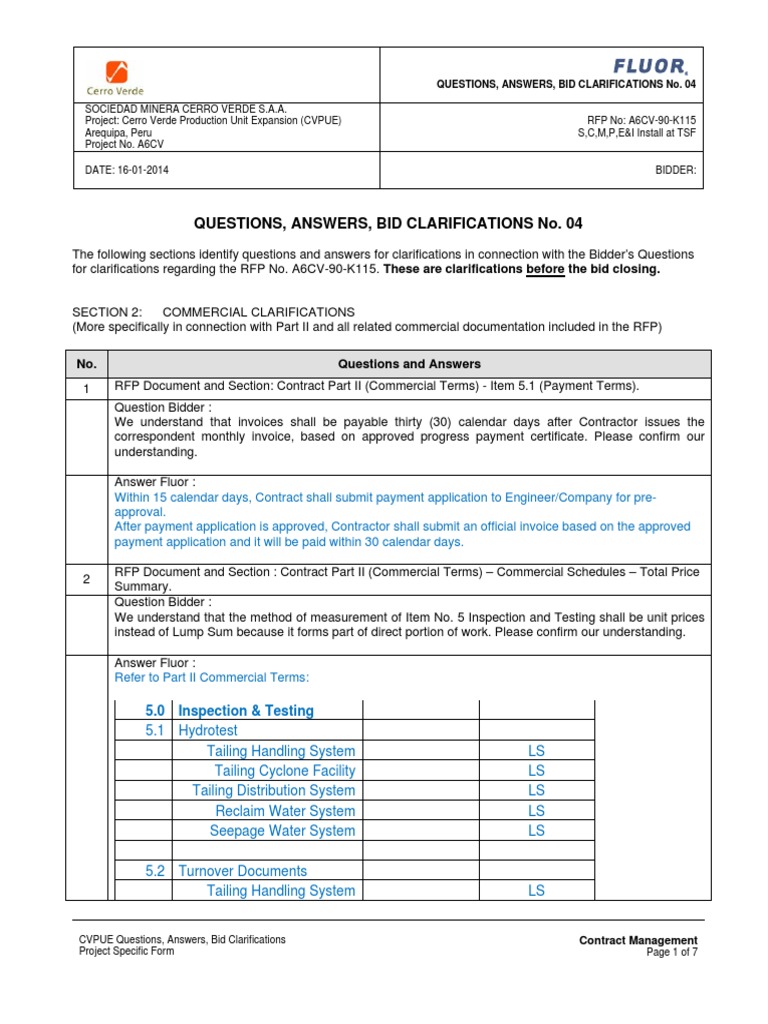 Questions, Answers, Bid Clarifications No. 04 | PDF | Request For ...