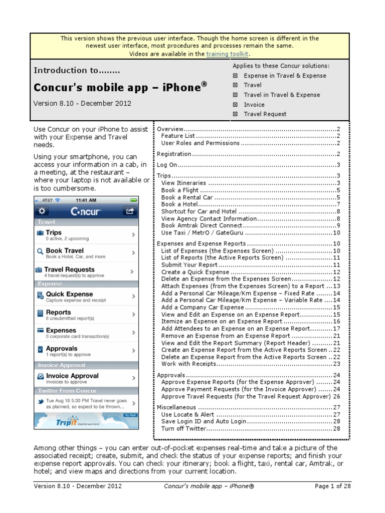 Concur Mobile App - Iphone Instructions | PDF | I Phone | Mobile App
