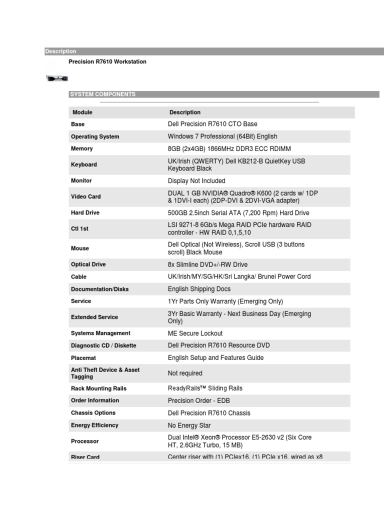 Dell Precision R 7610 Technical Spec | PDF | Hard Disk Drive | Windows 7