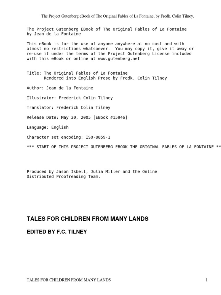 The Original Fables of La FontaineRendered Into English Prose by Fredk ...