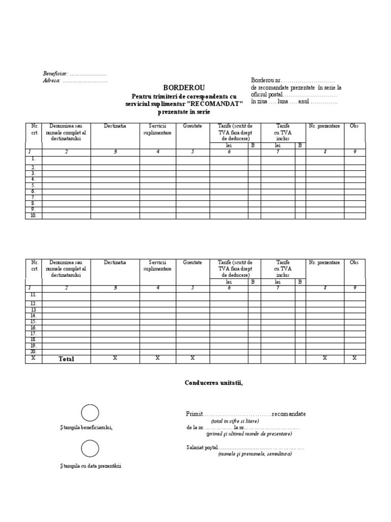 Borderou Corespondenta Scrisori Posta | PDF