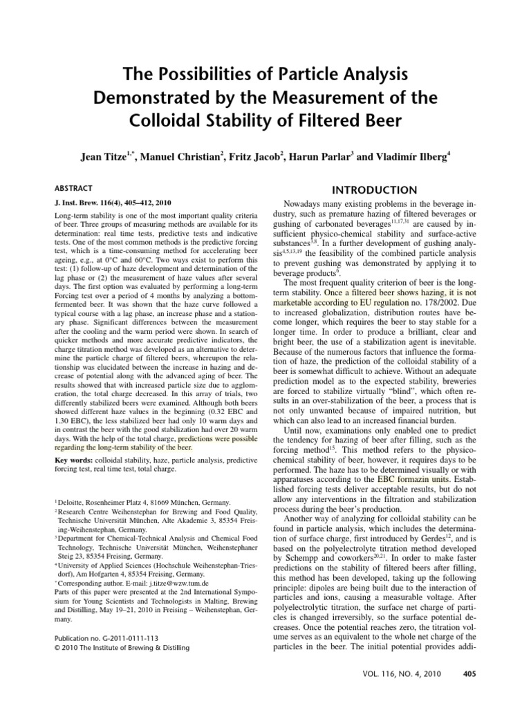 Colloidal Stability of Beer | PDF | Titration | Chemistry