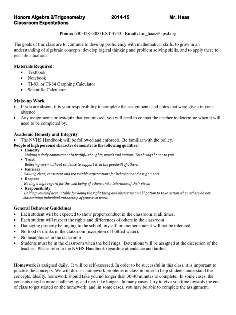 Honors Algebra 2/Trig Course Overview | PDF | Homework | Teaching ...