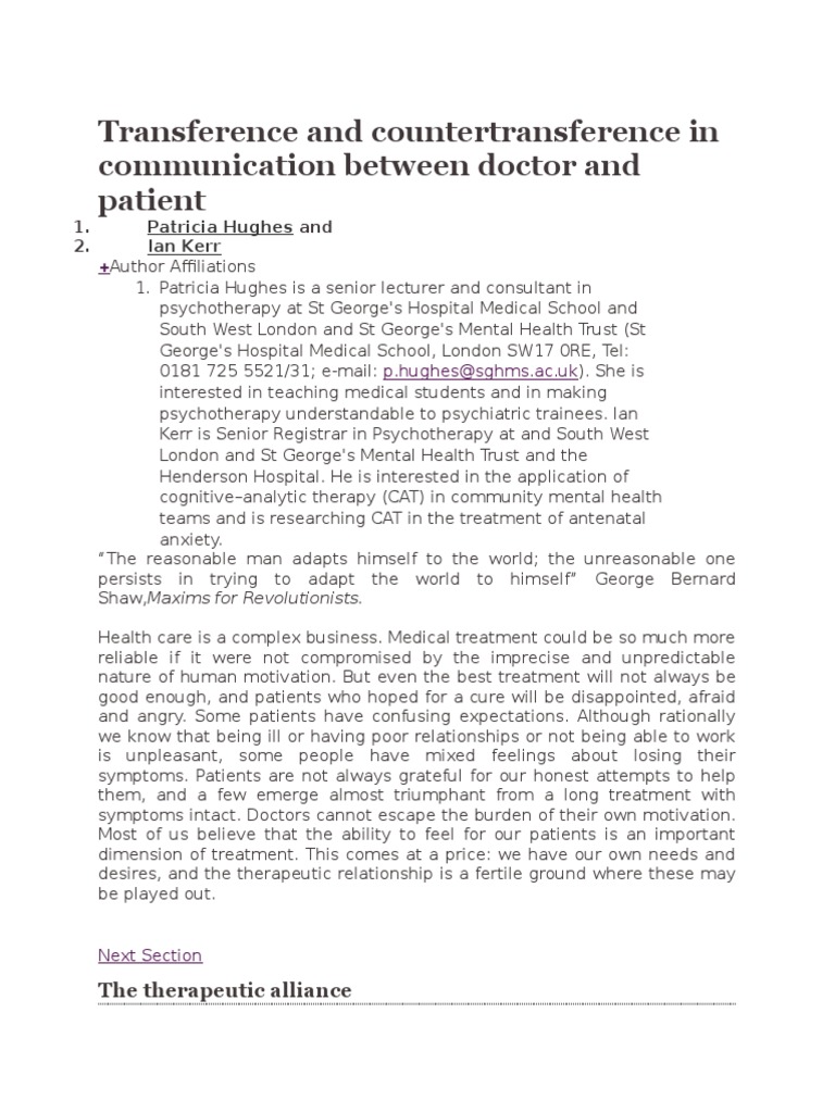 Transference and Countertransference in Communication Between Doctor ...