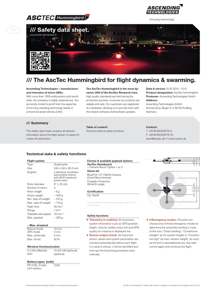 AscTec Hummingbird Safetydatasheet | PDF | Quadcopter | Unmanned Aerial ...