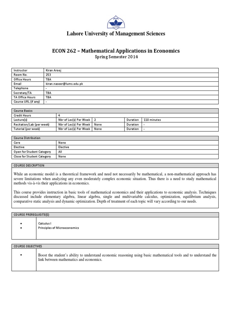 Econ 262 Mathematical Applications In Economics Kiran Arooj Pdf Mathematical Optimization