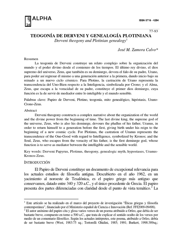 Derveni Theogony and Plotinian Genealogy PDF | PDF | Zeus | Realidad
