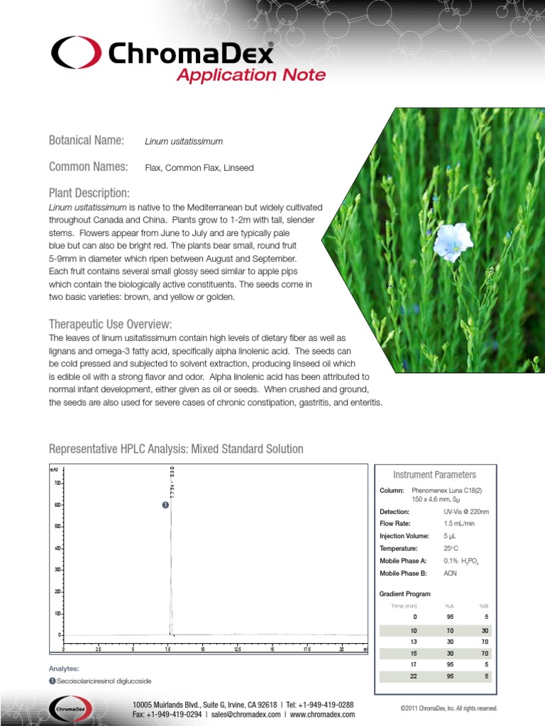 Application Note: 0022 - Flax For Lignans by HPLC | PDF | Flax | Chemistry
