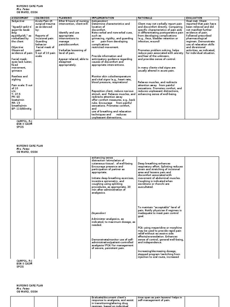 Nursing Care Plan Mrs. Patao Ob Ward, GSGH Assessment Subjective | PDF ...