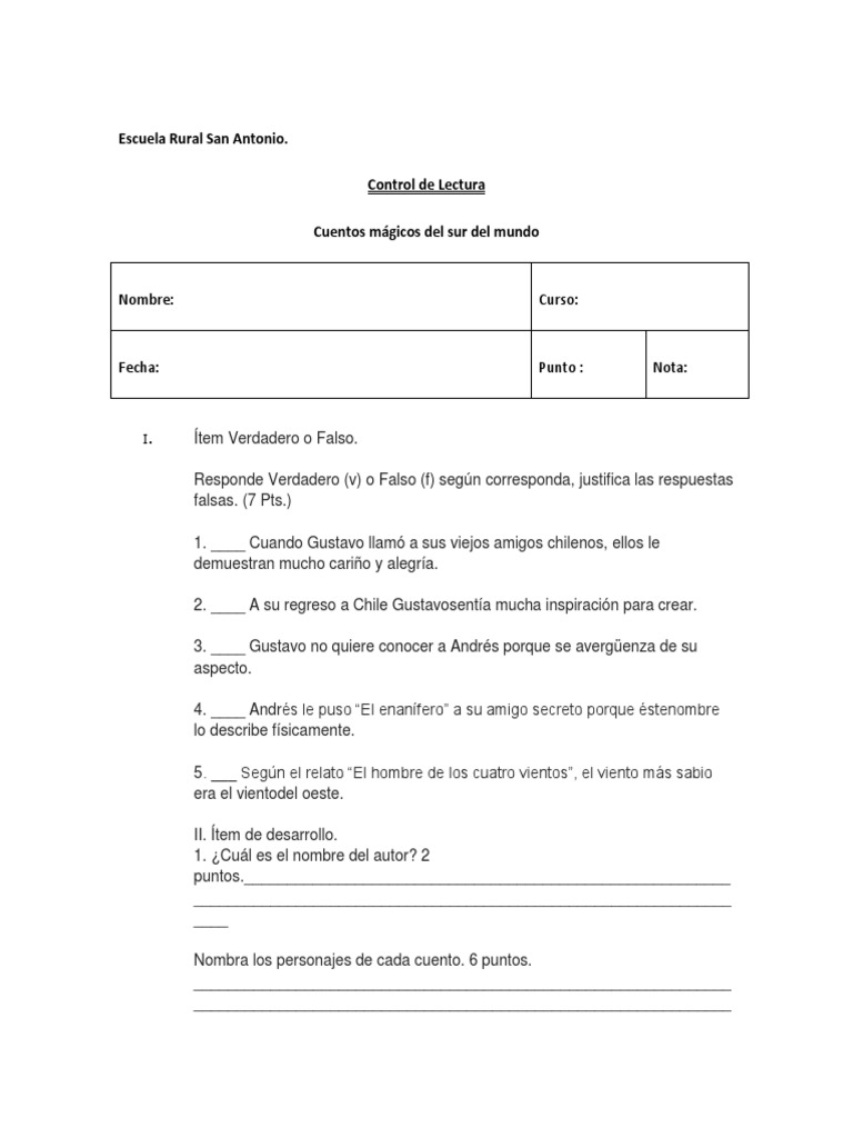 Cuentos Mágicos del Sur: Control de Lectura | PDF