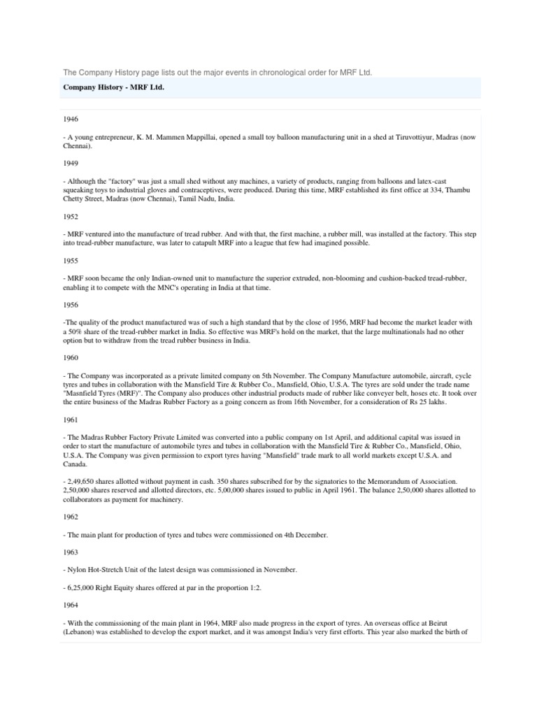 Corporate History MRF | Download Free PDF | Manufacturing And ...