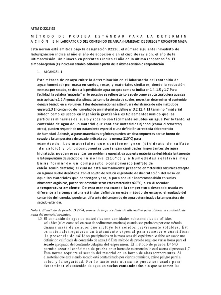 Método ASTM D2216-98: Humedad de Suelos y Rocas | PDF | Ciencia y ...