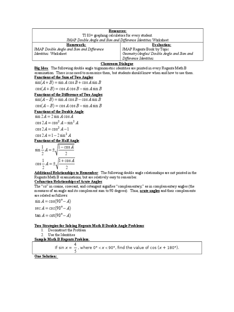 Double Angle Identities Worksheet With Graphysc Calculator | PDF ...