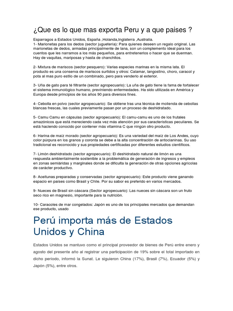 Que Es Lo Que Mas Exporta Peru y A Que Paises | PDF | Perú | Brasil