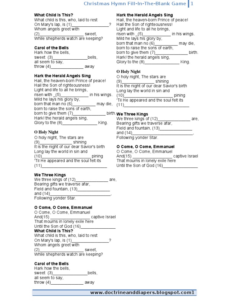 Christmas Hymn Game - Fill-in-the-Blanks | PDF | Christmas Carols | We ...