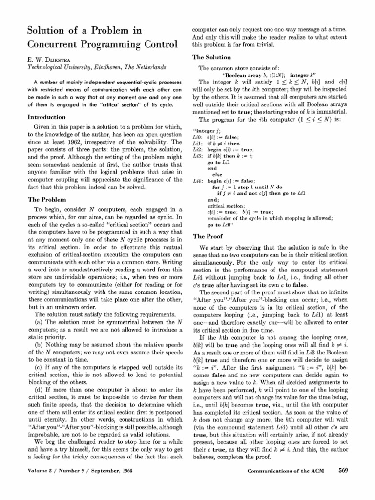 Solution of A Problem in Concurrent Programming Control - Dijkstra | PDF | Operating System ...