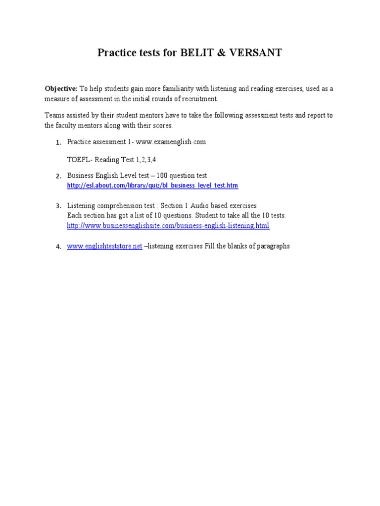 BELIT & VERSANT Test Practice Guide | PDF
