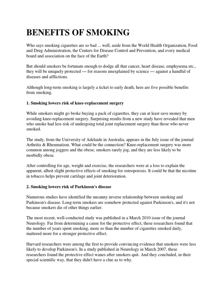 Benefits of Smoking | PDF | Cigarette | Tobacco Smoking