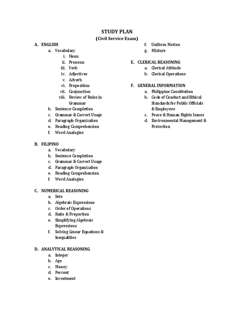 Civil Service Exam Study Plan | PDF | Career & Growth | Language Arts ...