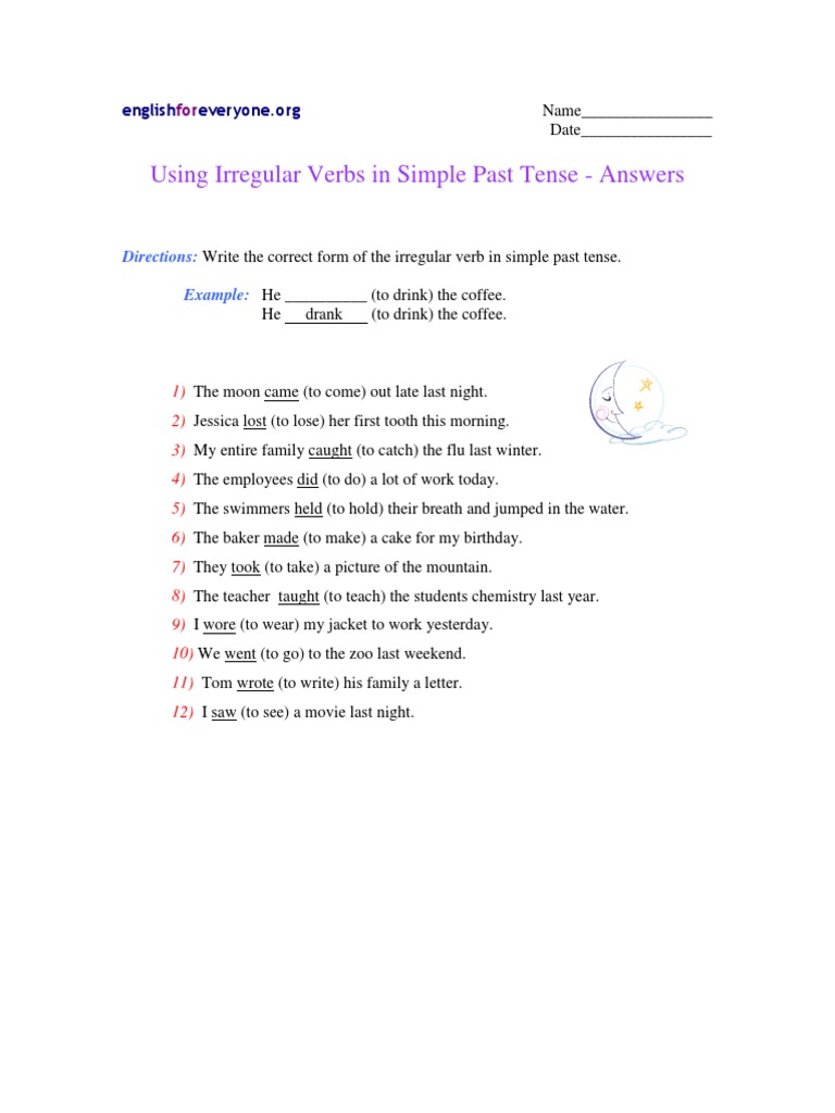 Using Irregular Verbs in Simple Past Tense - Answers | PDF