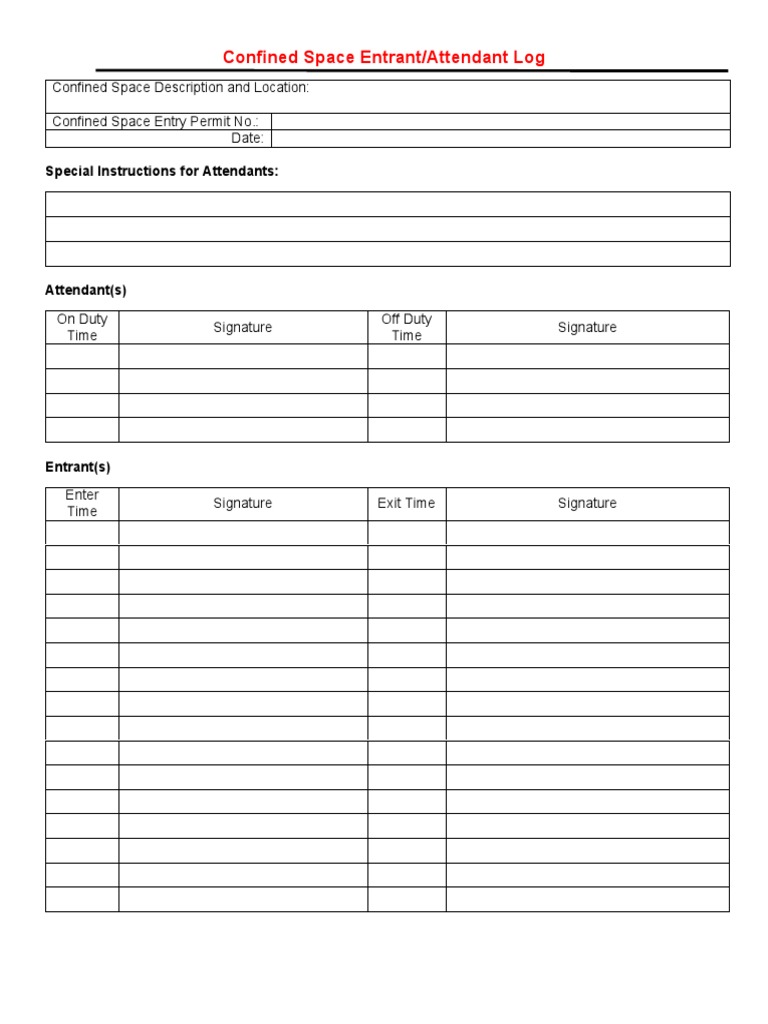 Confined Space Entrant Attendant Form.pdf | Safety | Business
