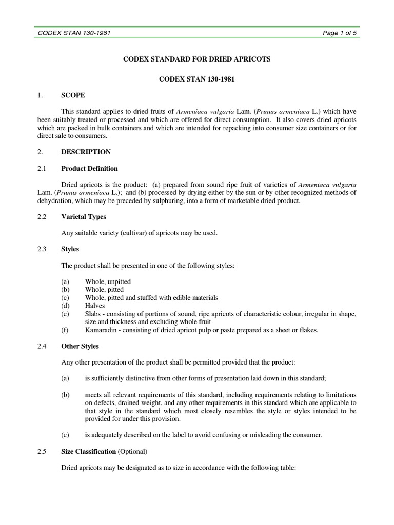 Codex Standard For Dried Apricots: CODEX STAN 130-1981 Page 1 of 5 | PDF | Apricot | Food Safety