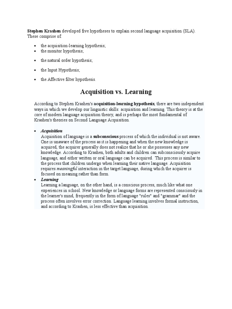Acquisition vs. Learning: Stephen Krashen Developed Five Hypotheses To ...