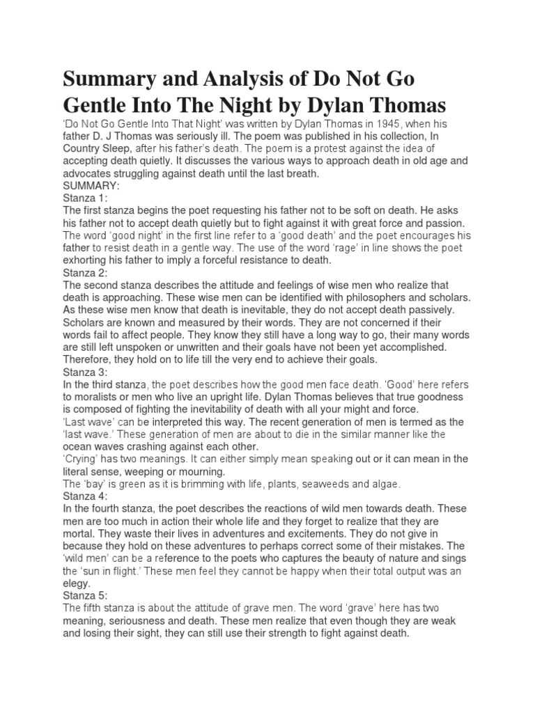 Summary and Analysis of Do Not Go Gentle Into the Night by Dylan Thomas ...