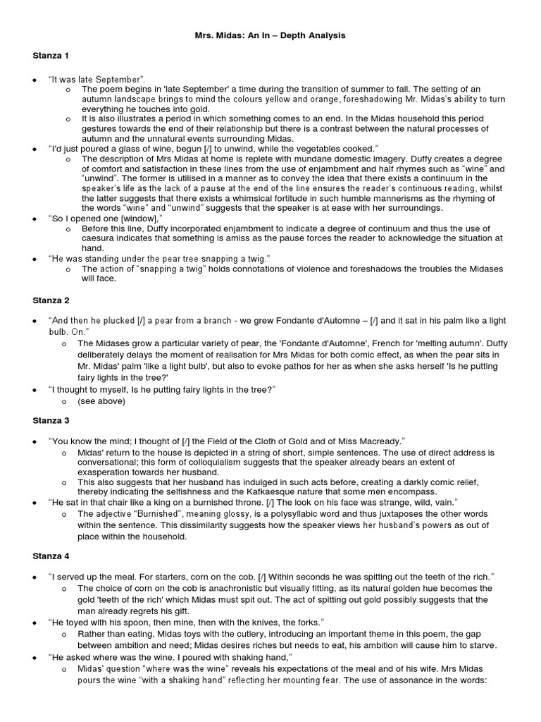 Mrs. Midas An in Depth Analysis | PDF | Poetry