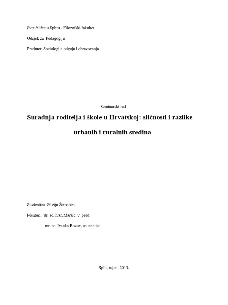 Suradnja Roditelja I Škole U Hrvatskoj, Sličnosti I Razlike Urbanih I ...