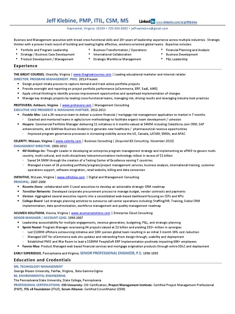 VP Program Management PMO in Washington DC Resume Jeff Klebine | PDF ...