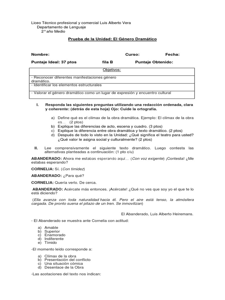Prueba Genero Dramatico Fila B | PDF | Teatro | Comedia