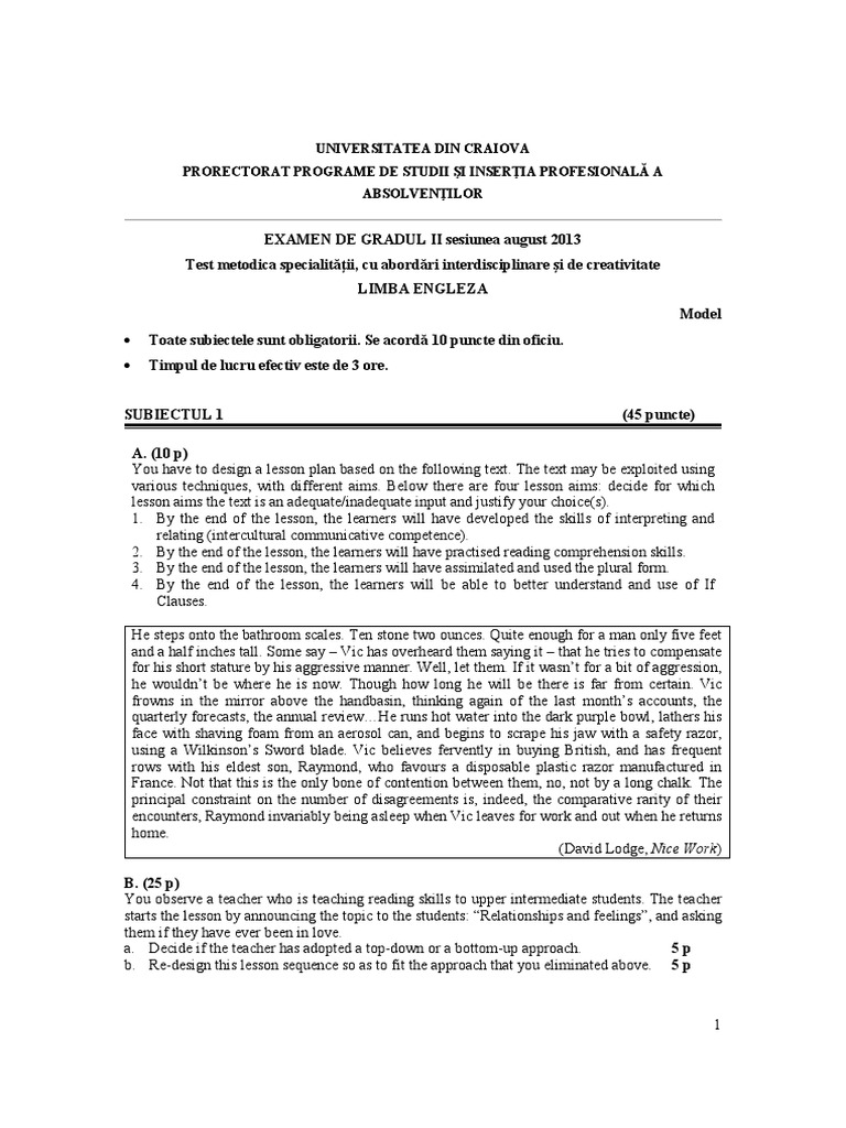 Subiect Gradul II Engleza | PDF