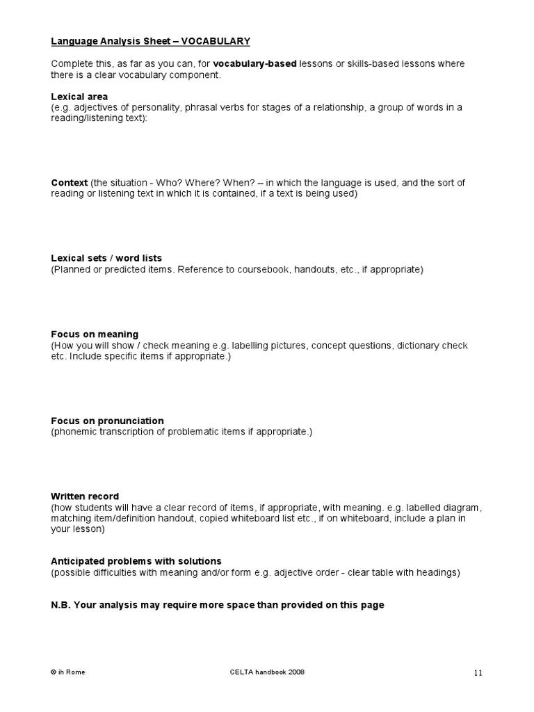 Vocabulary Language Analysis Sheet | PDF | Language Arts & Discipline