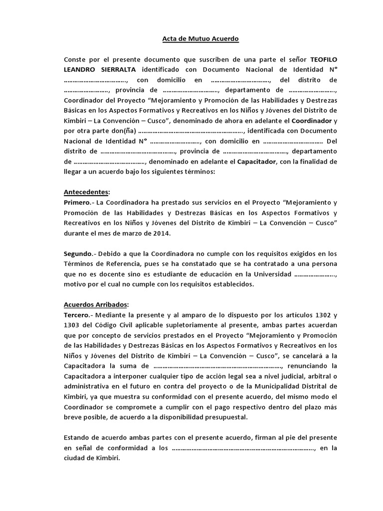 Acta de Mutuo Acuerdo