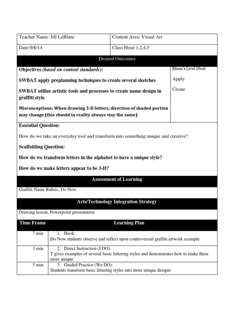 Graffiti Name Lesson Plans | PDF | Drawing | Rubric (Academic)