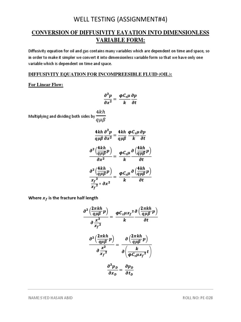 Conversion Of Diffusivity Equation Into Dimensionless Variable Form 1