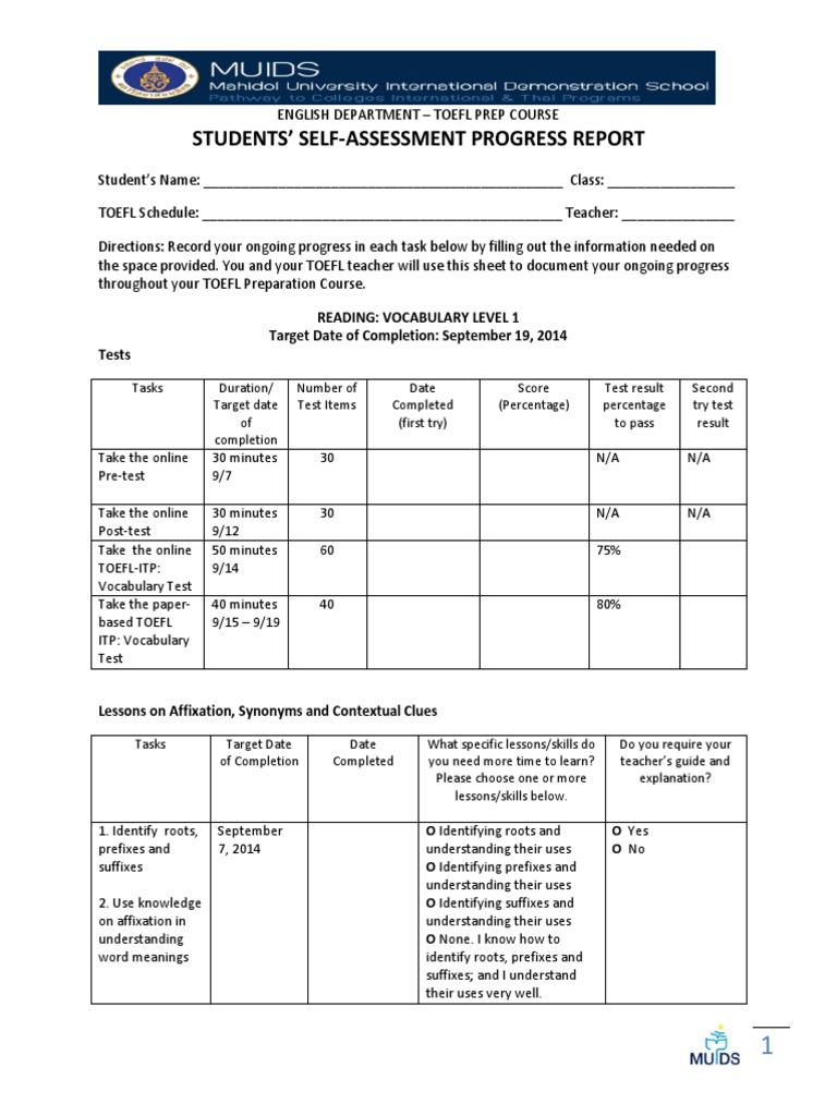 Toefl Self Assessment Progress Report | PDF | Test Of English As A ...