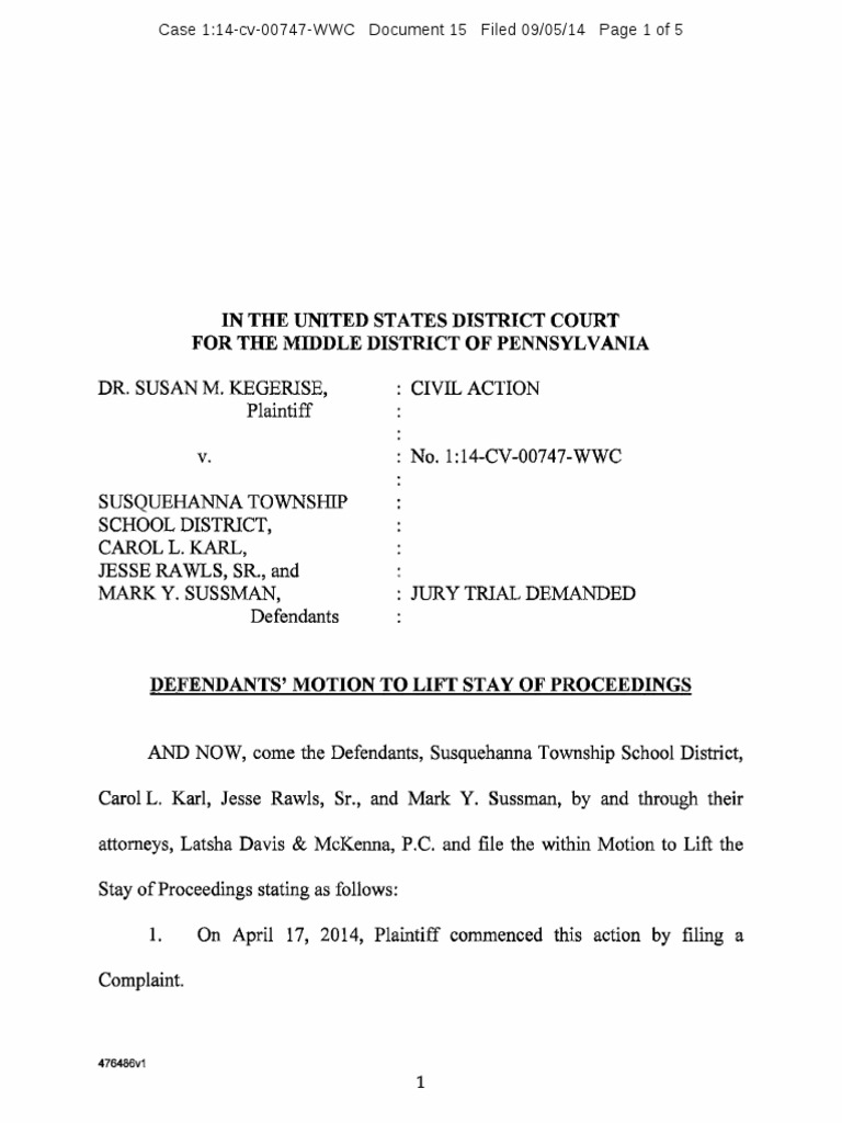 Defendants' Motion To Lift Stay of Proceedings | PDF | Complaint ...