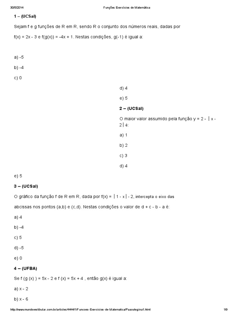 Funções Exercícios de Matemática | PDF | Função (Matemática) | Ciência ...