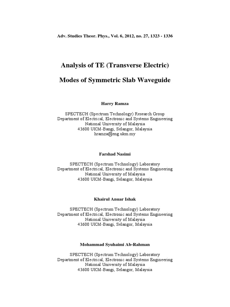 Analysis of TE (Transverse Electric) Modes of Symmetric Slab Waveguide ...