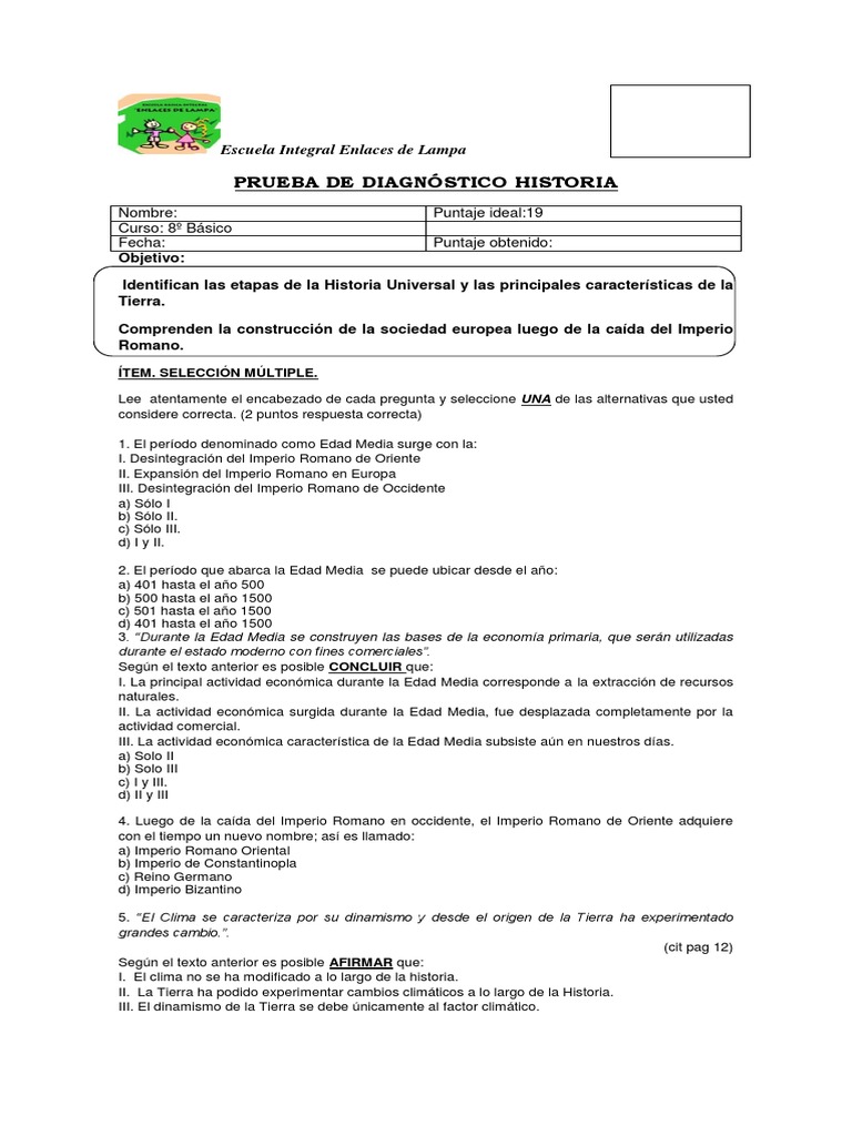 Diagnóstico Historia 8º Básico | PDF | Baja Edad Media | Feudalismo
