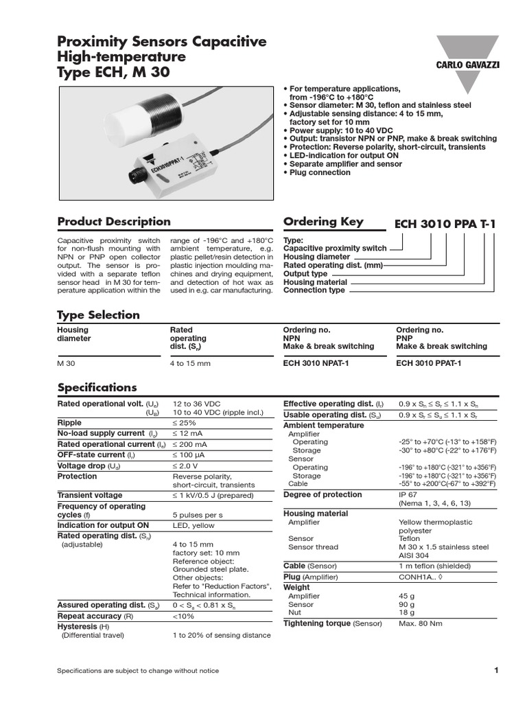 Proximity Sensors Capacitive High-Temperature Type ECH, M 30 | PDF ...
