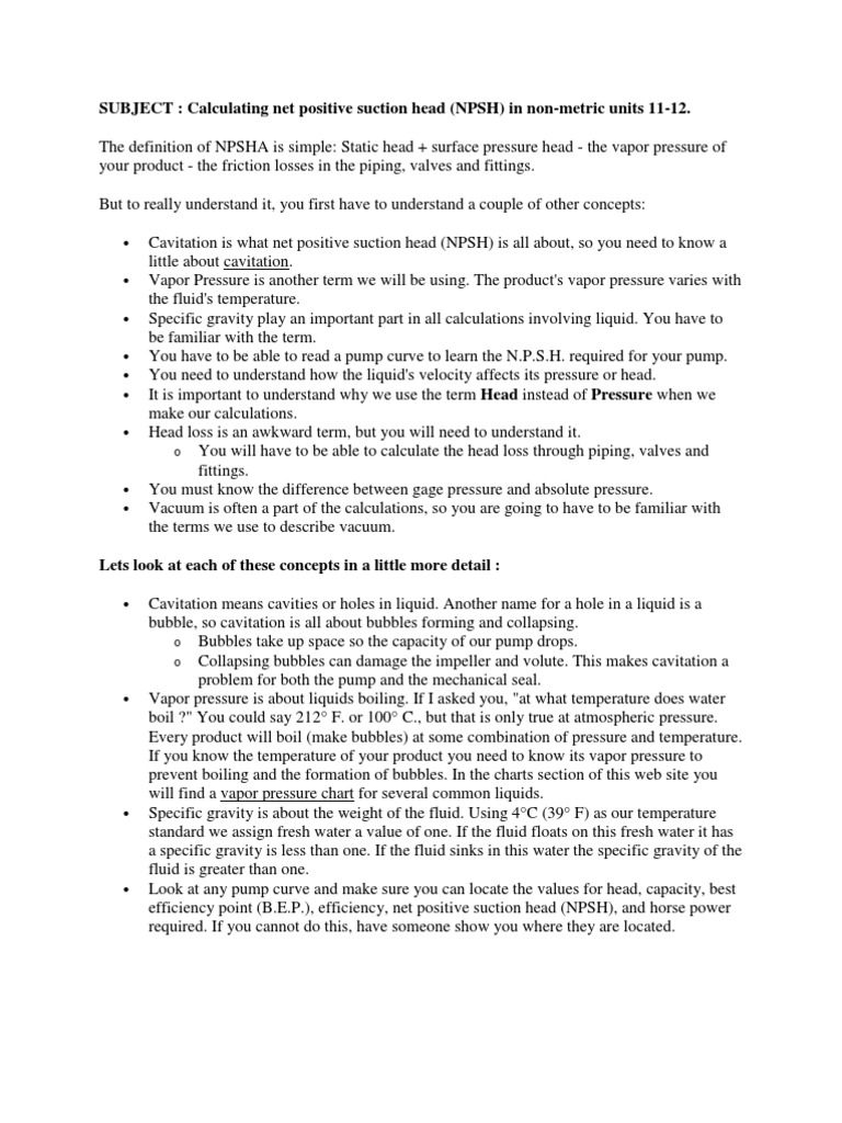 SUBJECT: Calculating Net Positive Suction Head (NPSH) in Non-Metric | PDF