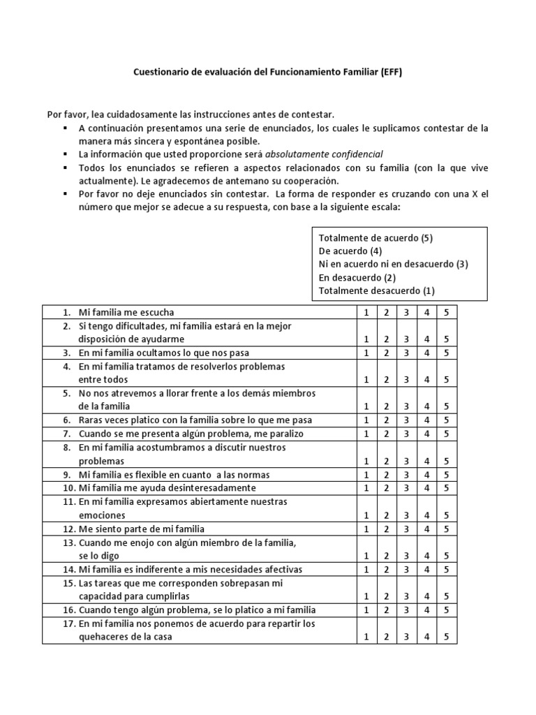 Cuestionario de Evaluación Del Funcionamiento Familiar | Cuestionario | Sicología y ciencia ...