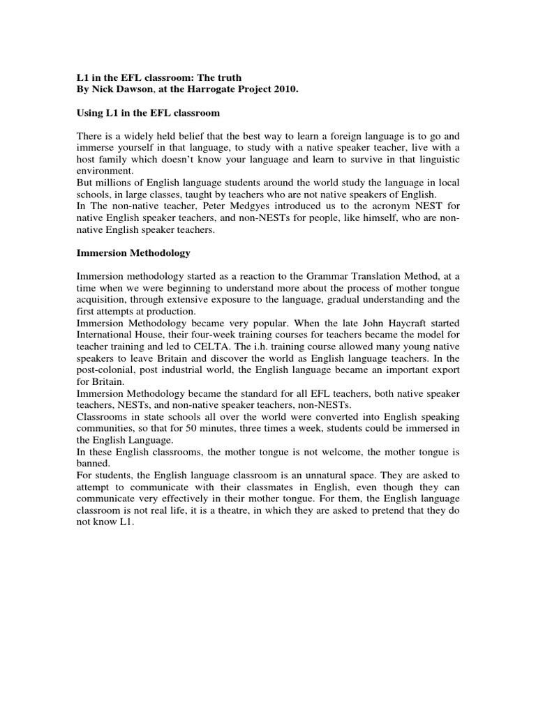 L1 in The EFL Classroom PDF | PDF | First Language | English As A ...