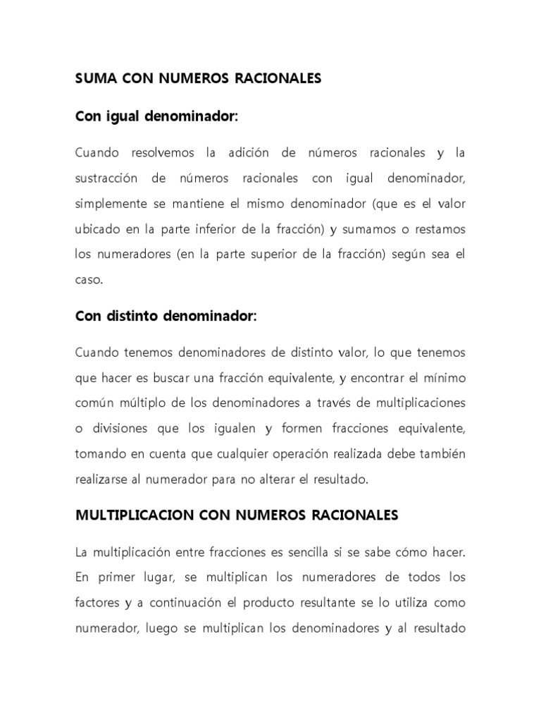 Suma Con Numeros Racionales | PDF | Fracción (Matemáticas) | Exponenciación
