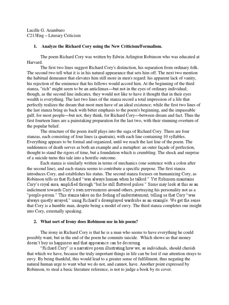 Richard Cory & Emily: Literary Analysis | PDF | Schizophrenia | Mental ...