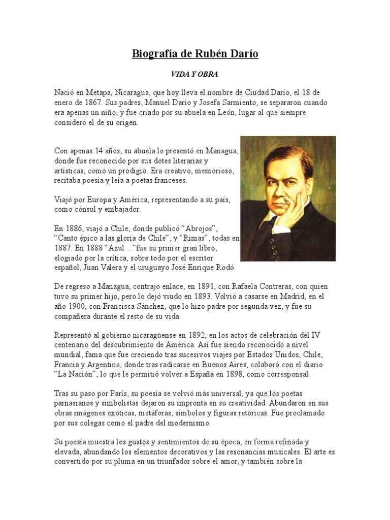 Biografía de Rubén Darío: Vida y Obra | PDF | Escritores | Movimientos ...